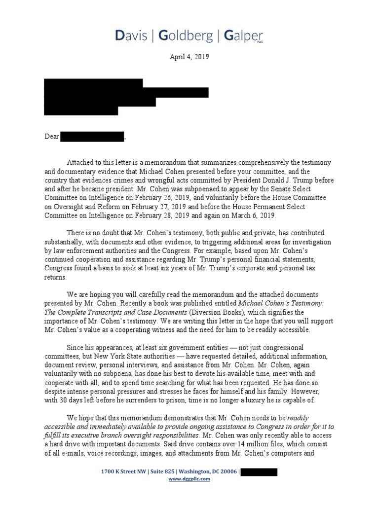 Cohen Letter Sent | PDF | United States Congress | American Government
