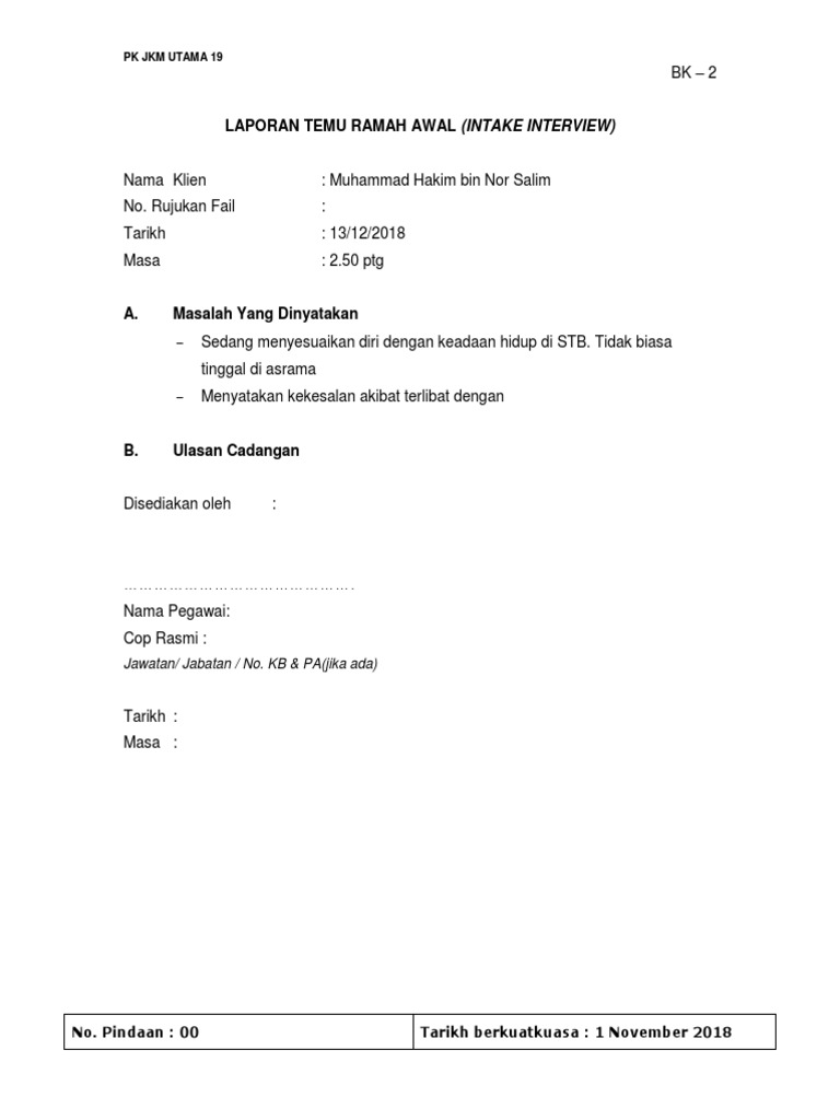 (BK-2) Borang Laporan Temu Ramah Awal (Intake Interview) Hakim | PDF