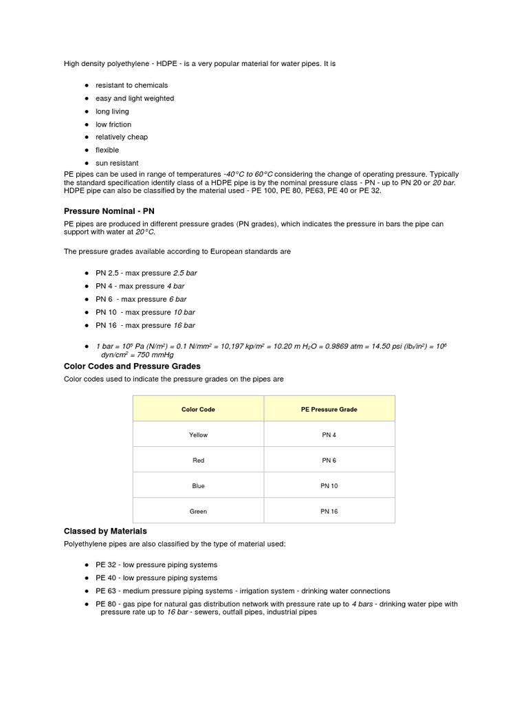 HDPE Pipe Specifications and Grades | PDF