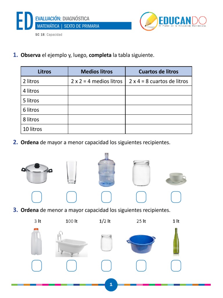 Observa El Ejemplo Y, Luego, Completa La Tabla Siguiente. Litros Medios ...