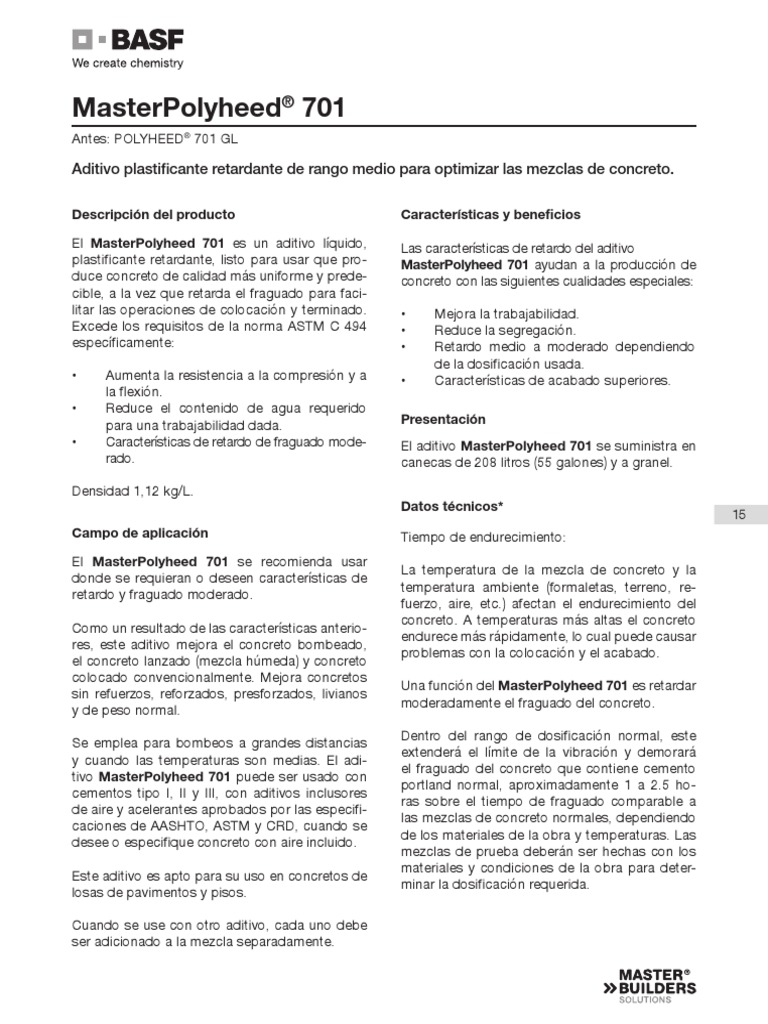 Master Polyheed 701 | PDF | Hormigón | Cemento