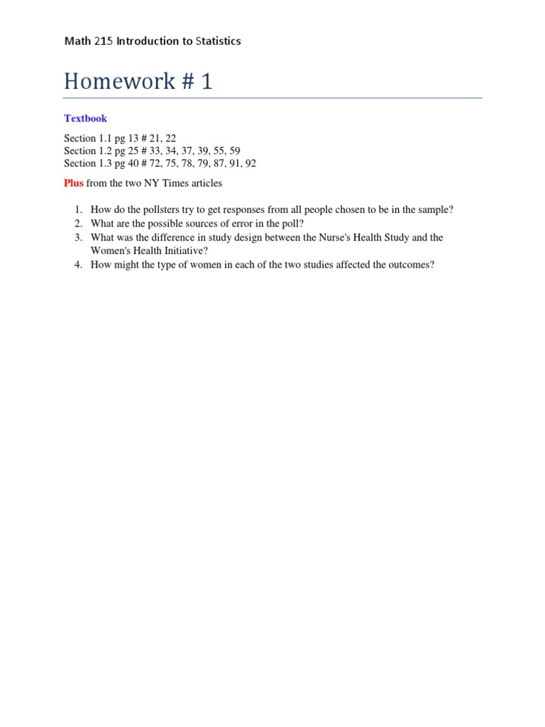Homework # 1: Math 215 Introduction To Statistics | PDF