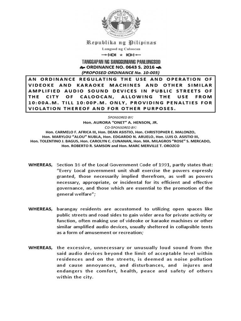 ORDINANCE NO. 0643 Regulating Videoke | PDF | Sound