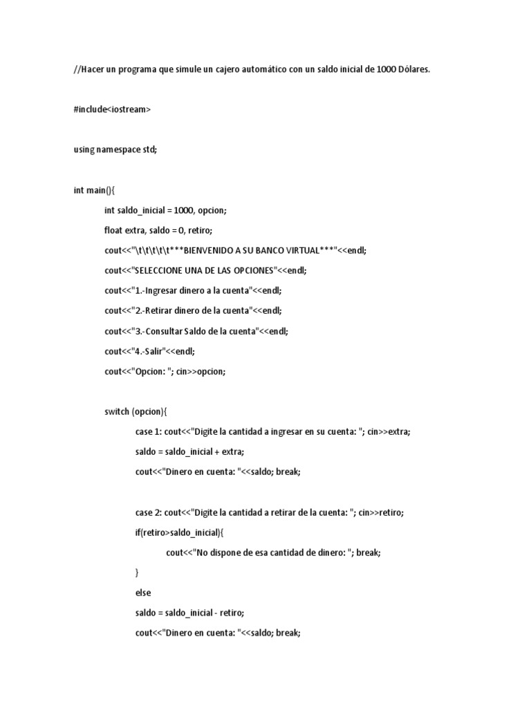 Código en C++ de Un Cajero Automático | PDF