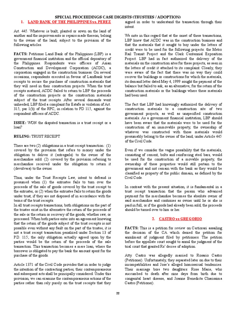 Specpro Case Digests Trustees, Adoption | PDF | Annulment | Marriage