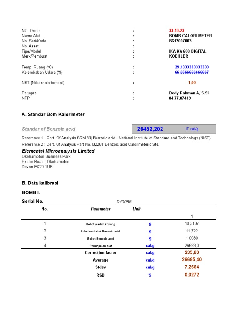 Kalibrasi Bomb Calorimeter IKA KV 600 | PDF