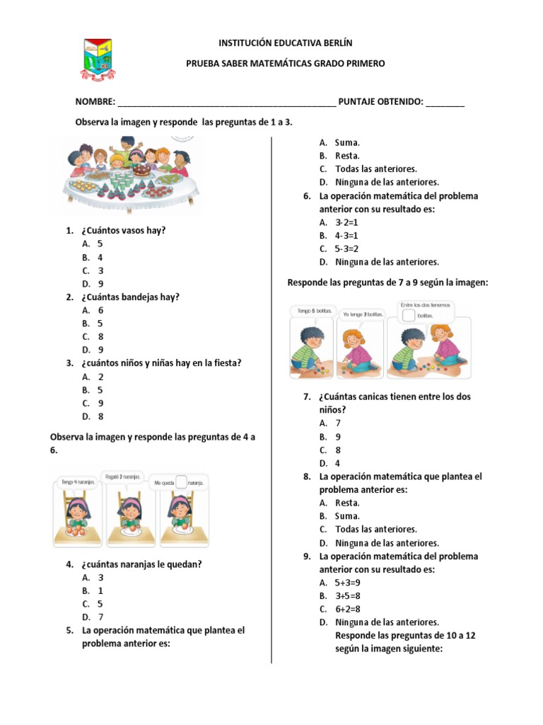 PRUEBA SABER DE MATEMÁTICAS GRADO PRIMERO.docx | Enseñanza de ...