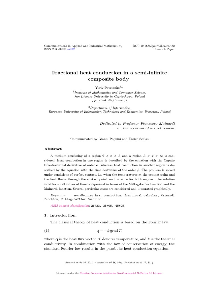 Fractional Heat Conduction In A Semi Infinite Composite Body Pdf