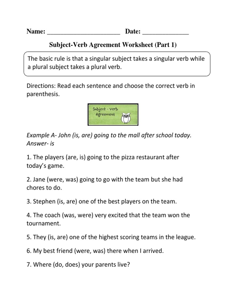 Subject-Verb Agreement Practice Worksheet | PDF