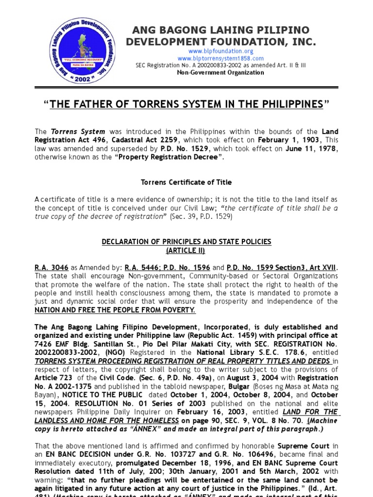 The Father of Torrens System in The Philippines | PDF | Title (Property ...