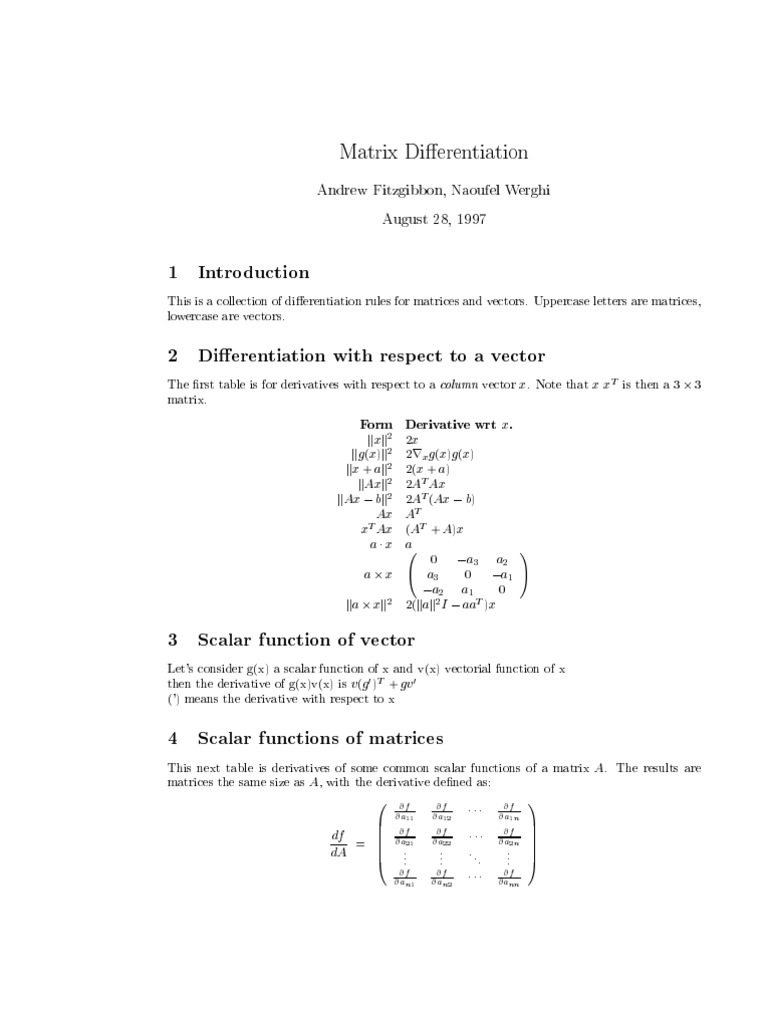 2 Dierentiation With Respect To A Vector: Form Derivative WRT | PDF ...