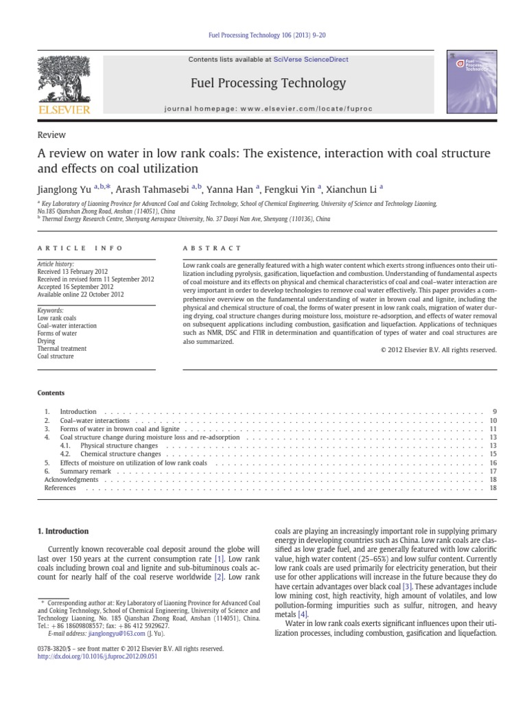 Fuel Processing Technology: Jianglong Yu, Arash Tahmasebi, Yanna Han, Fengkui Yin, Xianchun Li ...