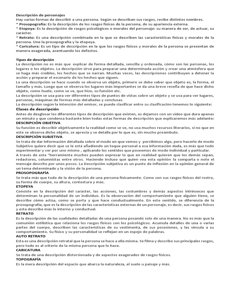 Tipos de Descripción de Personajes | PDF | Retrato | Cognición