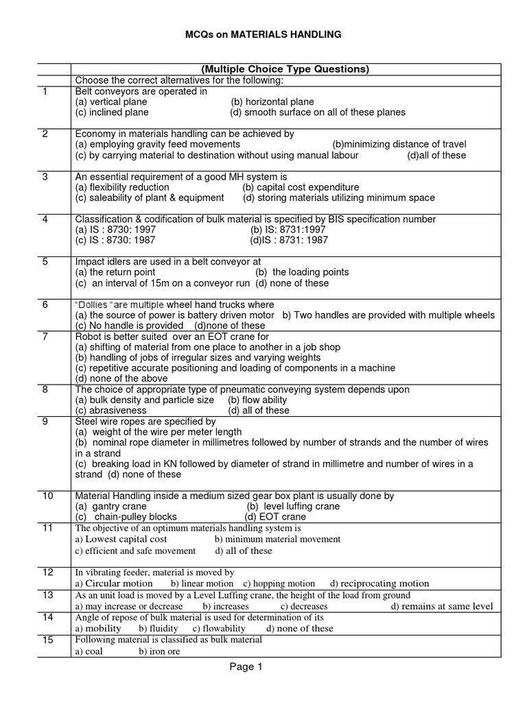 MCQs on Material Handling Techniques | PDF | Crane (Machine) | Equipment