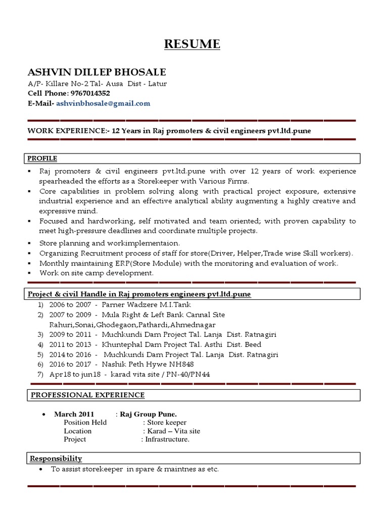Ashvin Bhosale: Experienced Storekeeper Resume | PDF | Business
