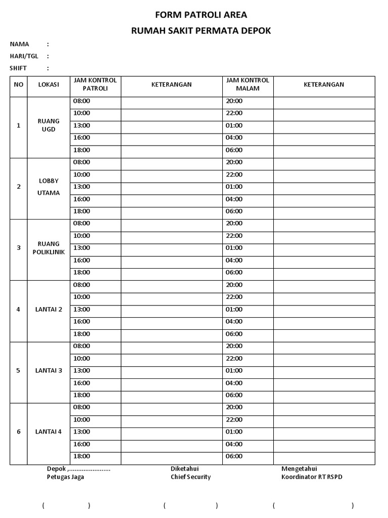 Form Patroli Area Rumah Sakit Permata Depok | PDF