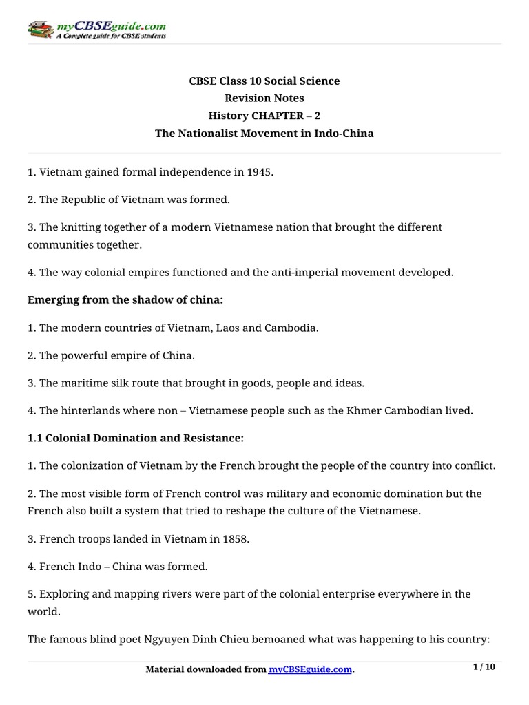 CBSE Class 10 Social Science Revision Notes History CHAPTER - 2 The ...