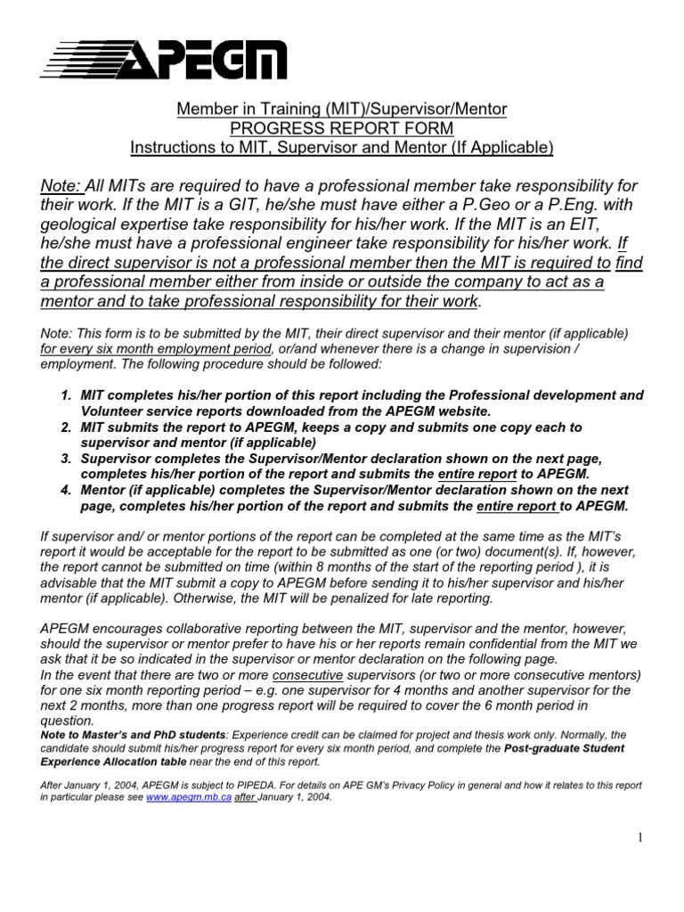 Member in Training (MIT) /Supervisor/Mentor Progress Report Form ...