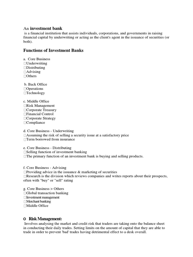 An Investment Bank: Functions of Investment Banks | PDF | Investment ...