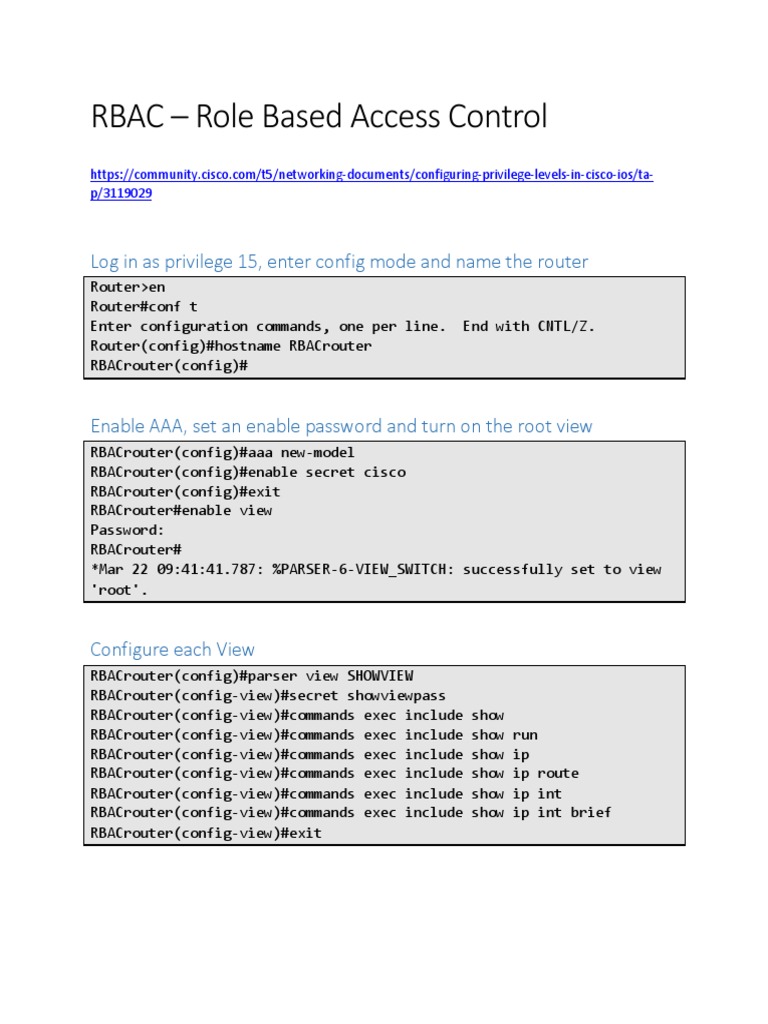 RBAC - Role Based Access Control: Log in As Privilege 15, Enter Config ...