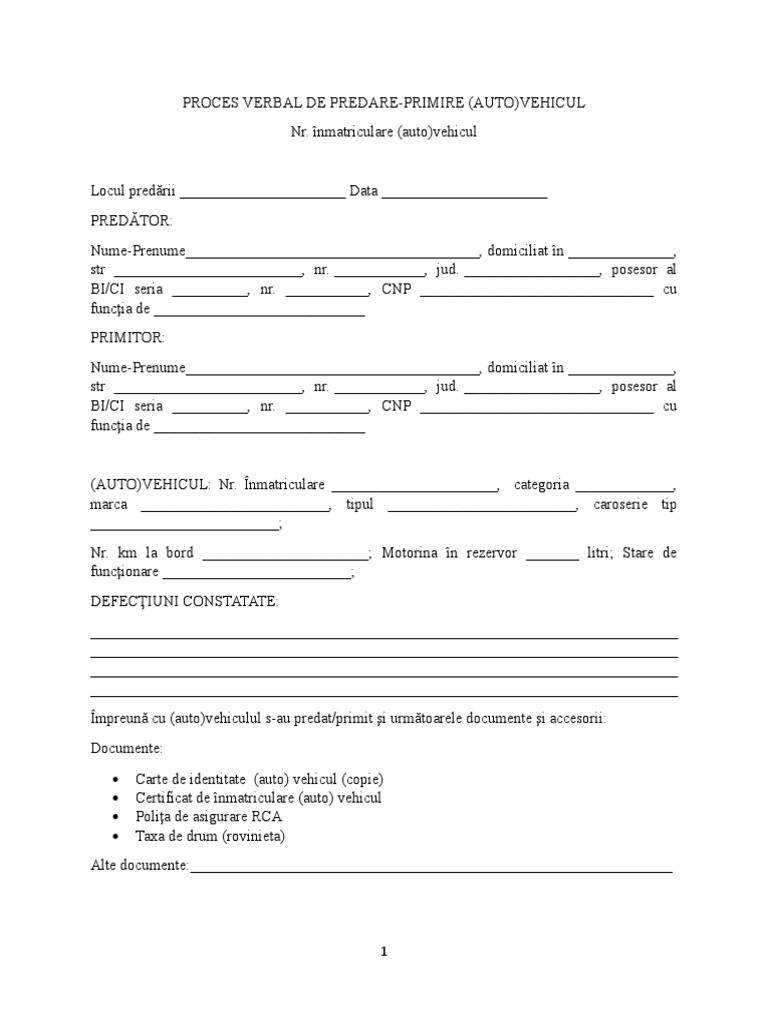 Proces Verbal de Predare-Primire Auto Model | PDF