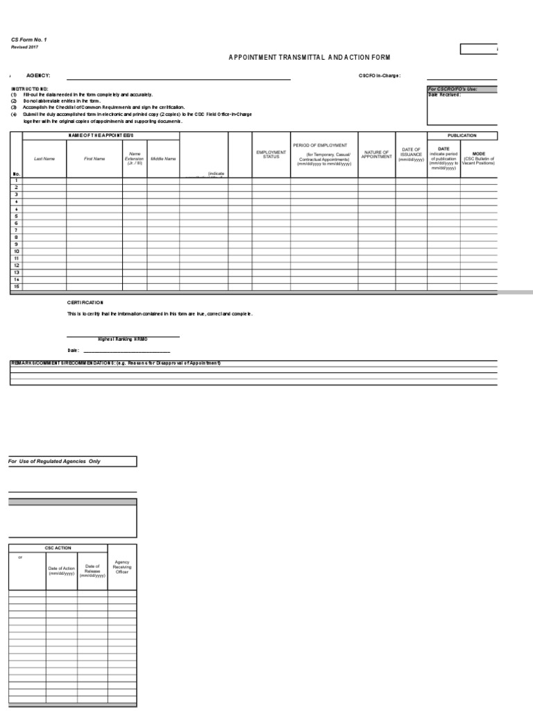 Appointment Transmittal Form CS No. 1 | PDF | Government Information ...