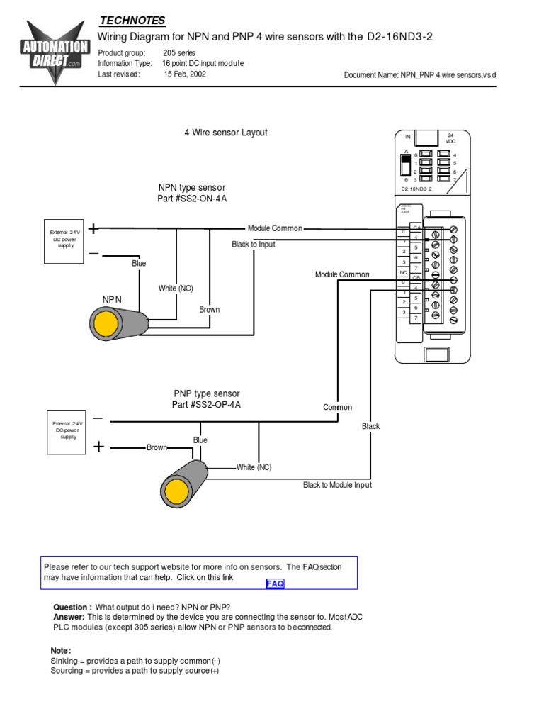 Wiring Diagram For NPN and PNP 4 Wire Sensors With The D2-16ND3-2 | PDF ...