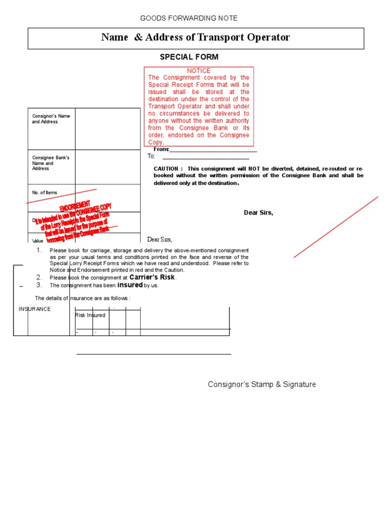Name & Address of Transport Operator: Special Form | PDF | Consignee ...