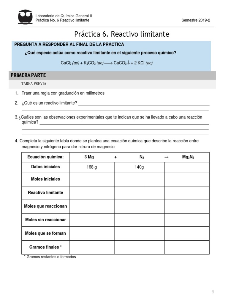 Práctica 06. Reactivo Limitante | PDF | Mole (Unidad) | Reacciones químicas