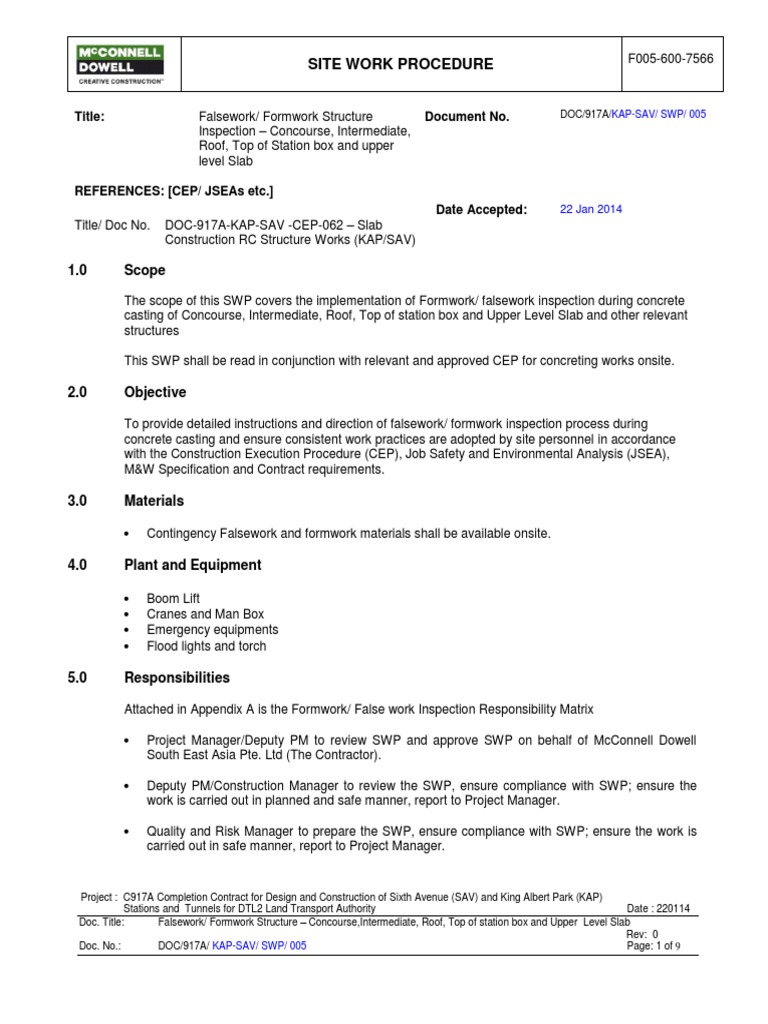 Site Work Procedure - Falsework-Formwork Inspection Rev A-KAP-SAV | PDF ...