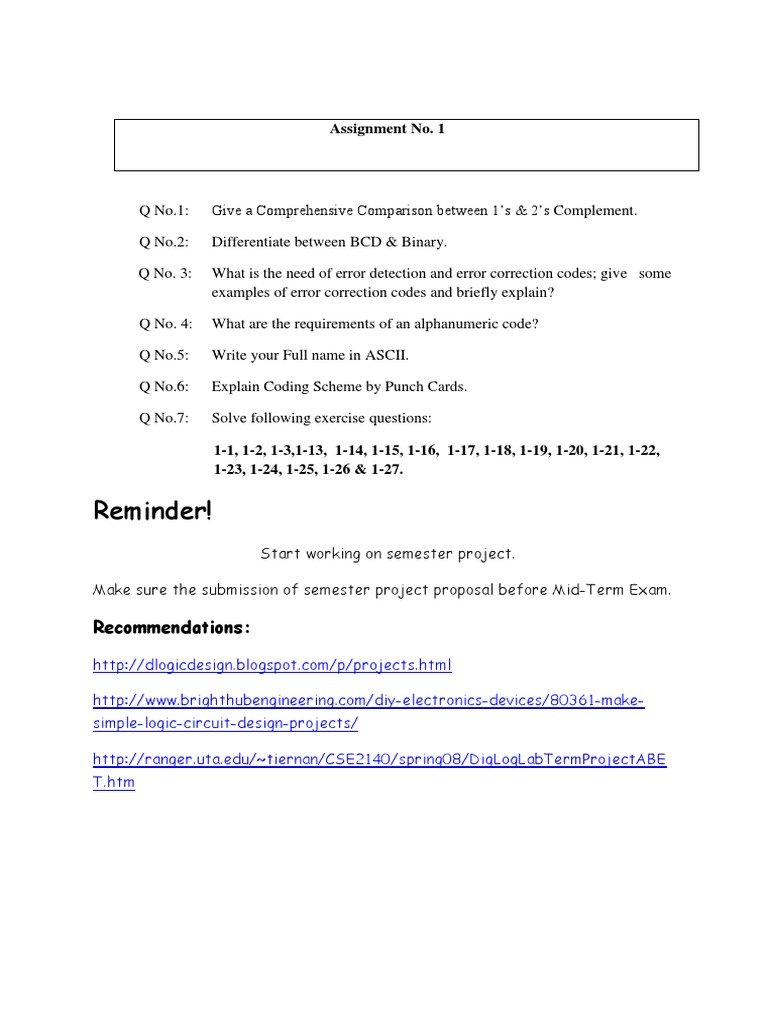 Assignment 1 Comprehensive Comparison 1's 2's Complement Binary BCD Error Codes | PDF ...