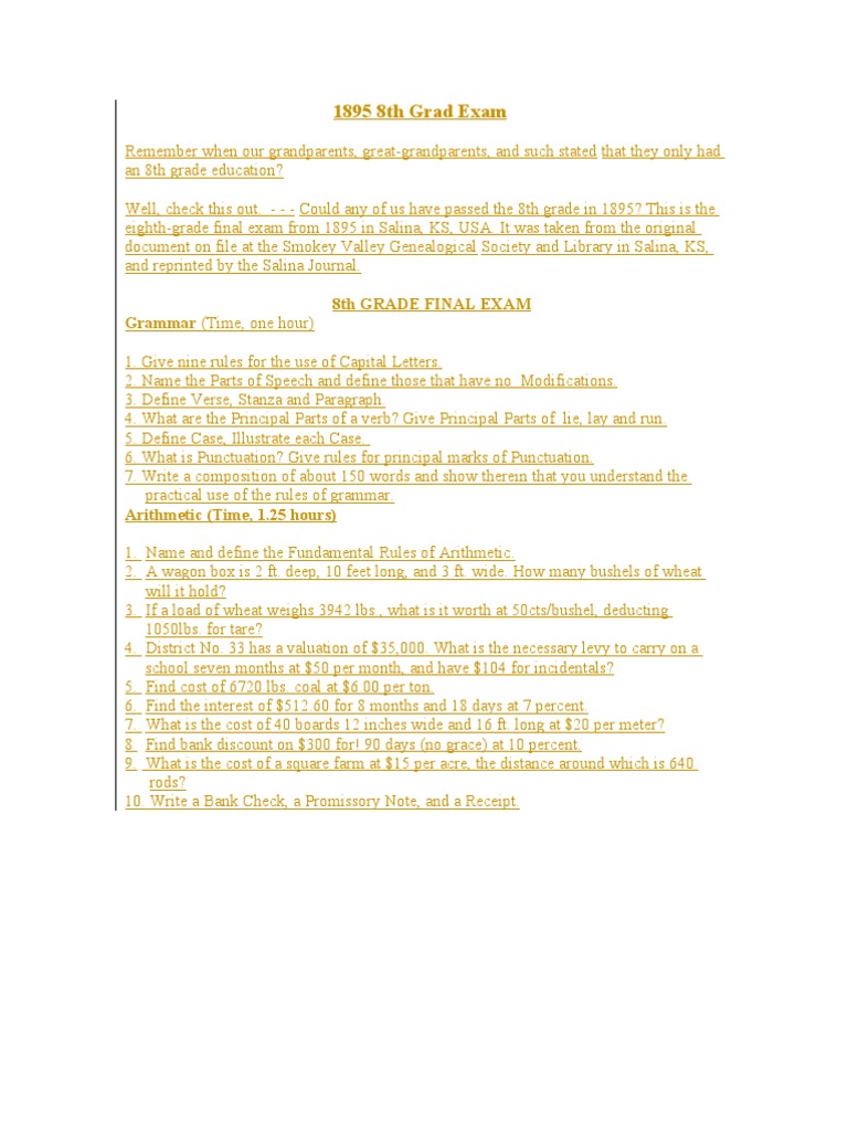 1895 8th Grade Final Exam Questions | PDF | Orthography | Linguistics