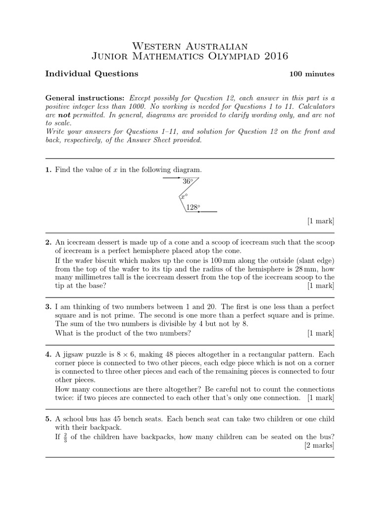 Western Australian Junior Mathematics Olympiad 2016: Individual ...