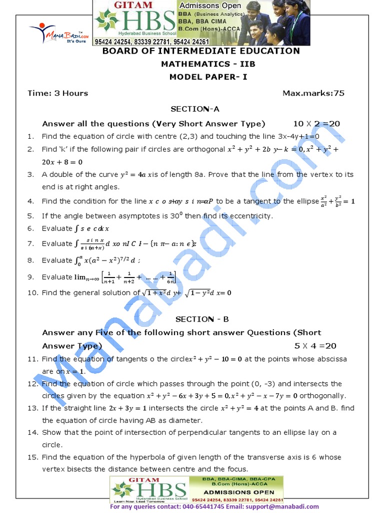 Mathematics Model Paper - Intermediate Exam | PDF | Circle | Perpendicular