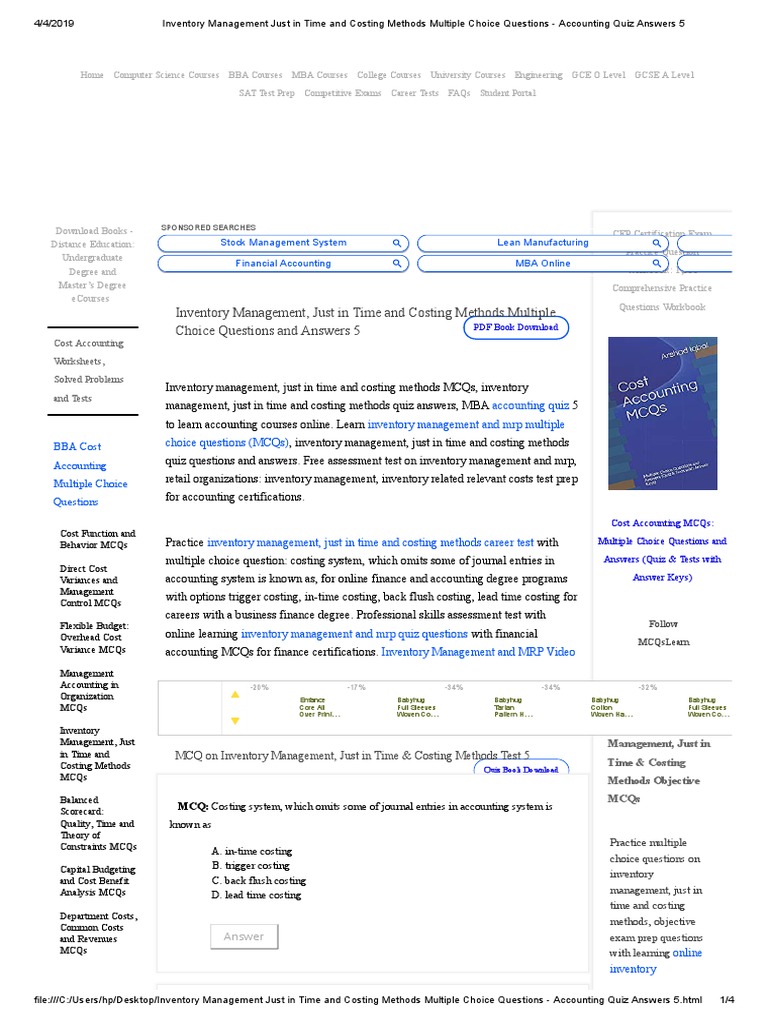 Inventory Management Just in Time and Costing Methods Multiple Choice ...