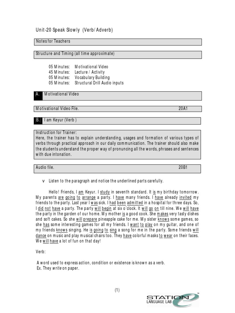 20-SPEAK SLOWLY - Teacher Copy - PDF | PDF | Verb | Adverb
