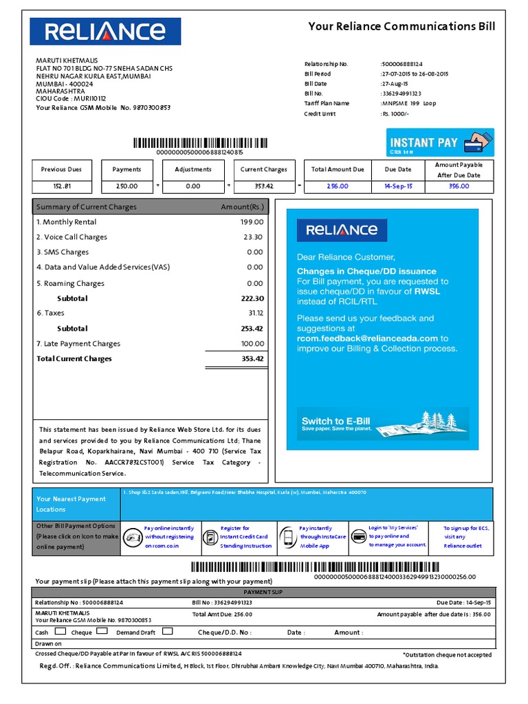 Your Reliance Communications Bill | PDF | Roaming | Mobile ...