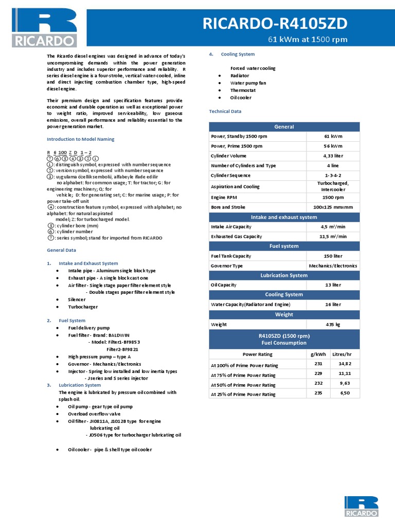 Ricardo R4105ZD-61kW Genset Spec Sheet | PDF | Turbocharger | Diesel Engine