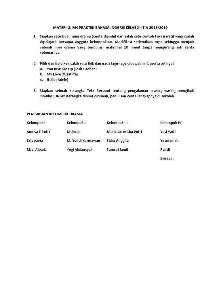 Materi Ujian Praktek Bahasa Inggris Kelas Xii 1 | PDF