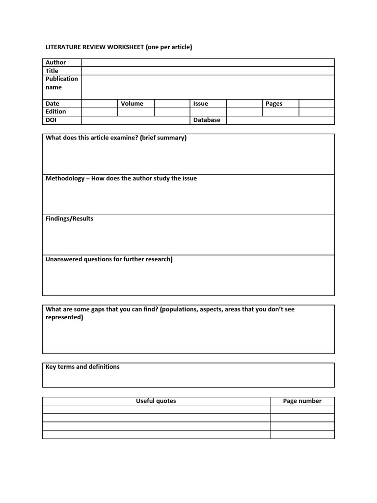 Article Review Worksheet Literature Review Worksheet | PDF