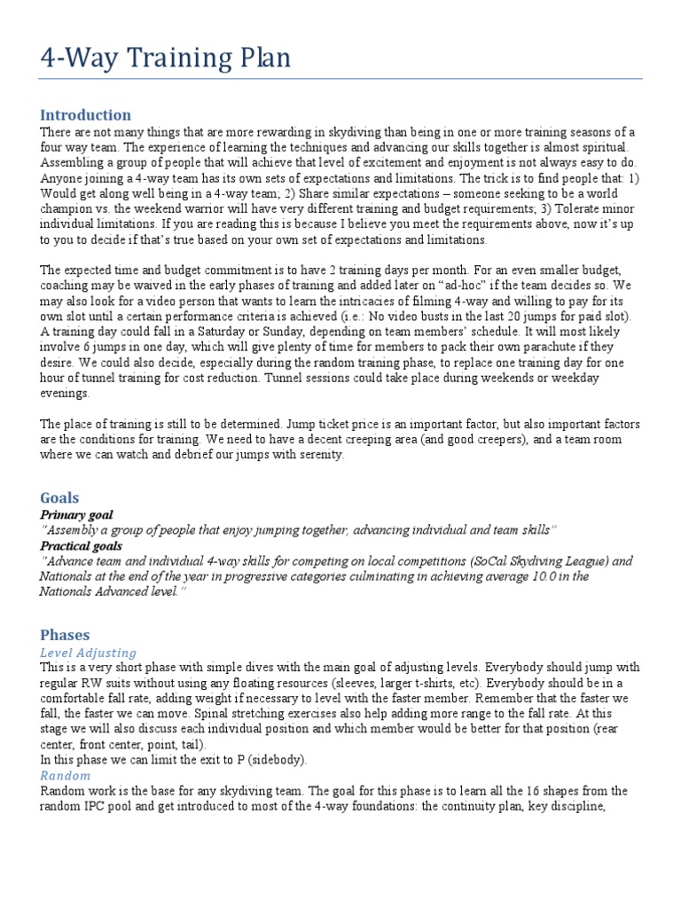 4-Way Training Plan: Primary Goal Practical Goals | PDF | Parachuting ...
