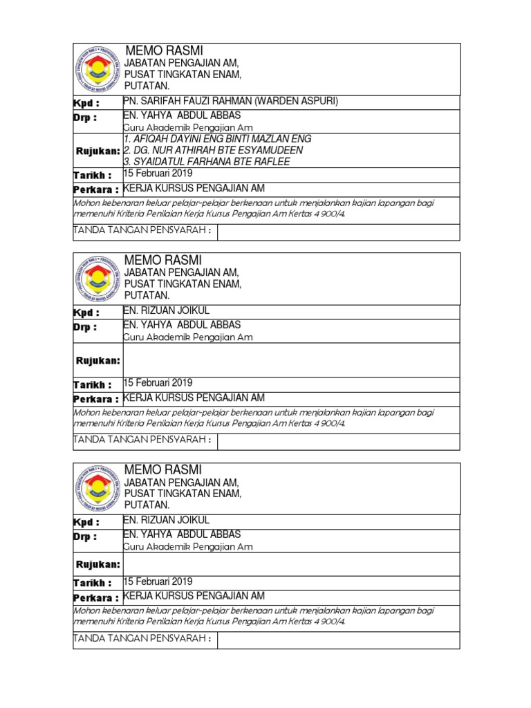 Memo Rasmi Pelajar Asrama | PDF