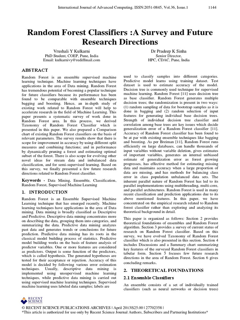 Random Forest Classifiers A Survey and Future | PDF | Statistical ...