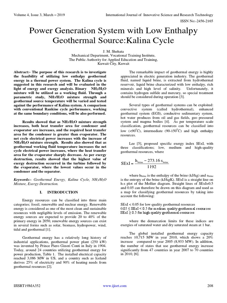 Power Generation System With Low Enthalpy Geothermal Source:Kalina ...