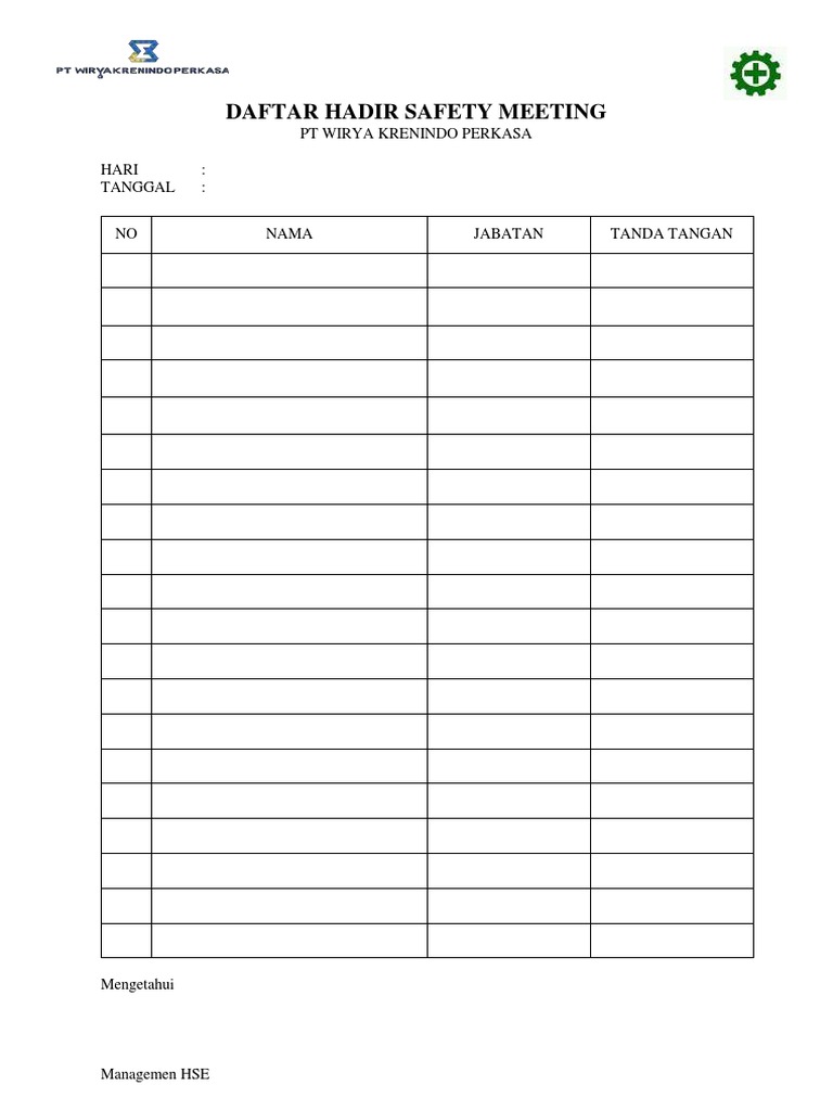 Daftar Hadir Safety Meeting 1 | PDF