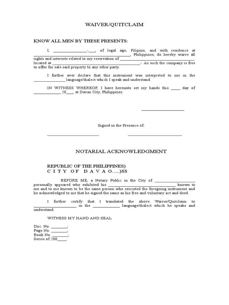 Waiver and Quitclaim Document Template | PDF