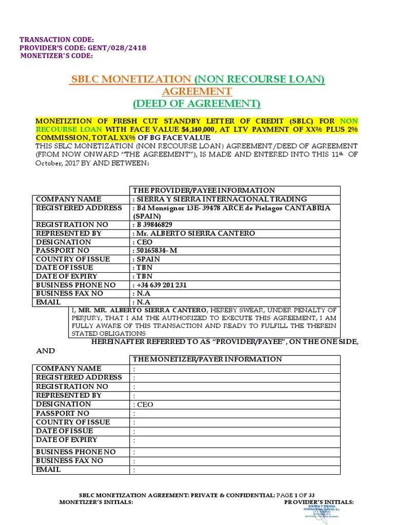SBLC Monetization Agreement XX 2 Ssbank NRL | PDF | Arbitration ...