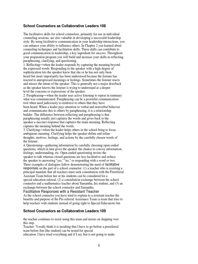 School Counselors As Collaborative Leaders 108: Facilitative Responses ...