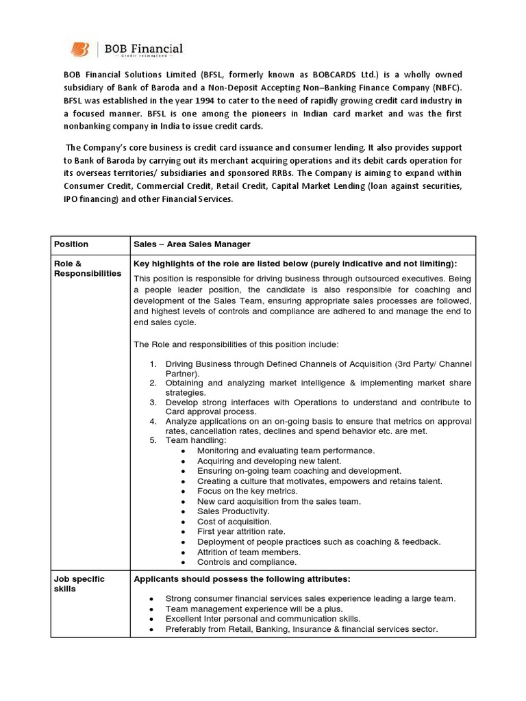 Position Sales - Area Sales Manager Role & Responsibilities Key ...