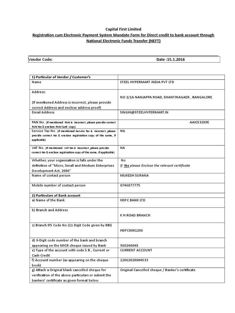 Capital First Bank Mandate Form | PDF | Cheque | Financial Technology